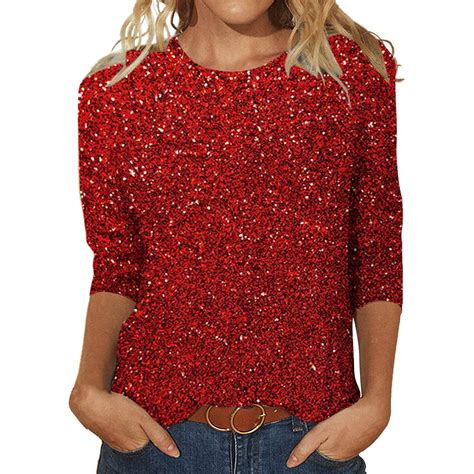 Dyfzdhu Sequin Tops For Women Trendy V Neck Sparkly 3 4 Sleeve Shirts Elegant Shimmer Glitter T