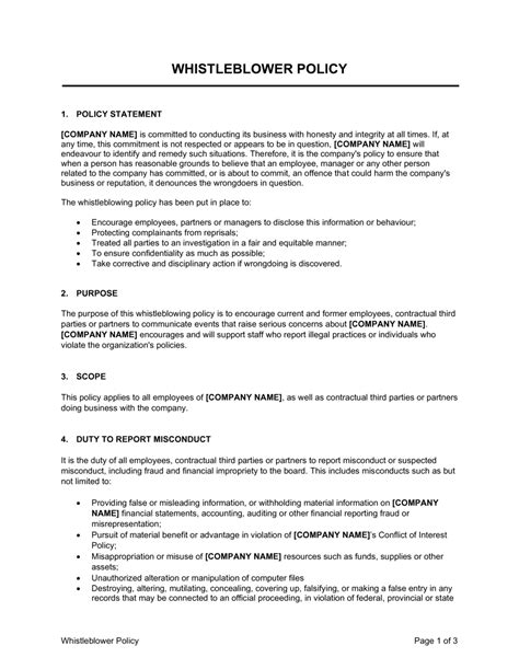Whistleblower Policy Template Free Word