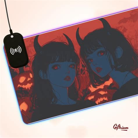 Spooky Demon Girl Led Gaming Desk Mat With Wireless Charging