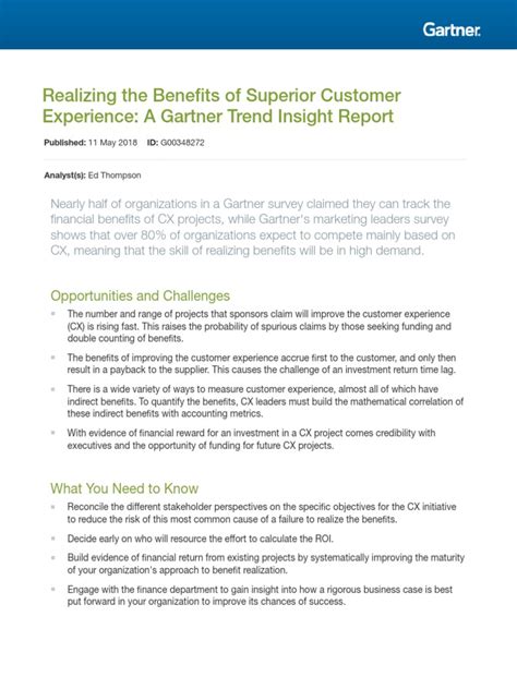 Cx Realizing The Benefits Of Superior Customer Experience A Gartner