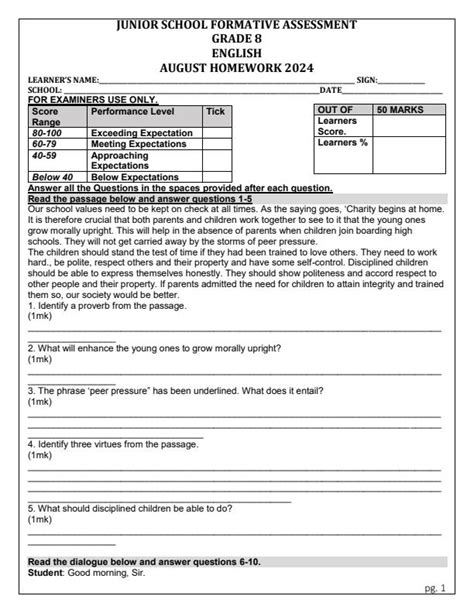 Grade 8 English August 2024 Holiday Assignment