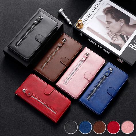 Premium Flip Magnetic Leather Wallet Case With Zipper Card Slot For