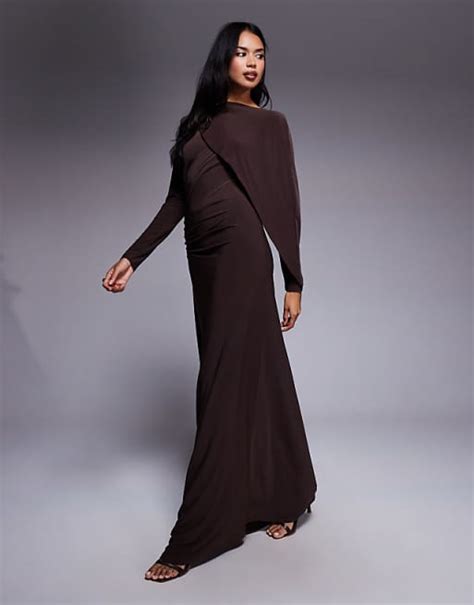 Daska Slinky Cape Detail Maxi Dress In Chocolate Brown Asos