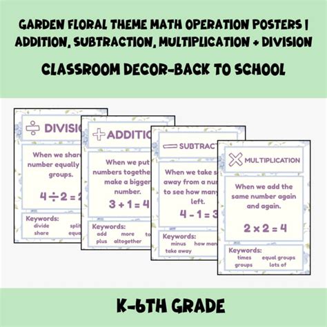 Garden Math Operation Posters Addition Subtraction Multiplication