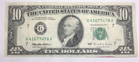 1995 10 Ten Dollar Bill Federal Reserve Note Chicago Vintage Old