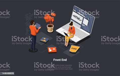 개발의 프론트 엔드와 백엔드 반응 형 웹 디자인 웹 사이트 인터페이스 코딩 및 프로그래밍 새로운 시작 또는 프로젝트에서 작업하는 남녀 It 개발자 아이소메트릭 3d 벡터