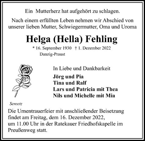 Traueranzeigen Von Helga Fehling Trauer Anzeigen De