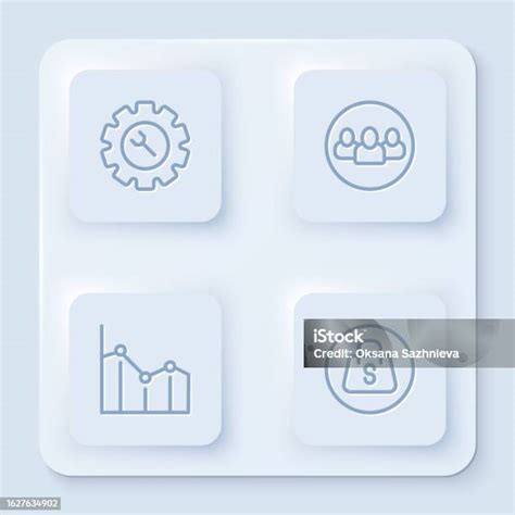 라인 렌치 및 기어 프로젝트 팀 기반 파이 차트 인포그래픽 및 쇼핑백을 판매로 설정합니다 흰색 사각형 버튼입니다 벡터 경영자에 대한 스톡 벡터 아트 및 기타 이미지 Istock