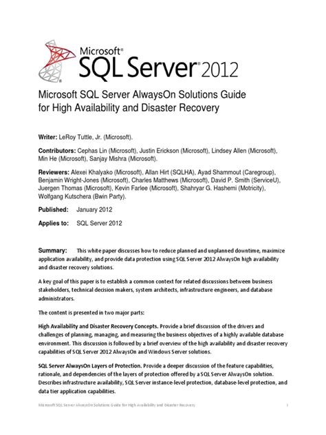 Microsoft Sql Server Alwayson Solutions Guide For High Availability And Disaster Recovery