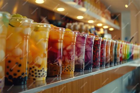 Premium Photo A Colorful Array Of Bubble Tea In Cups On A Wooden