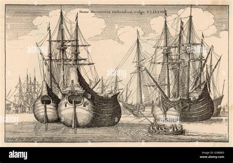 A Fine Engraving Of Dutch Trading Vessels Showing The Distinctive