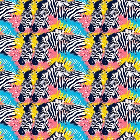Colorful Zebras Seamless Pattern On Blue And Yellow Background Stock
