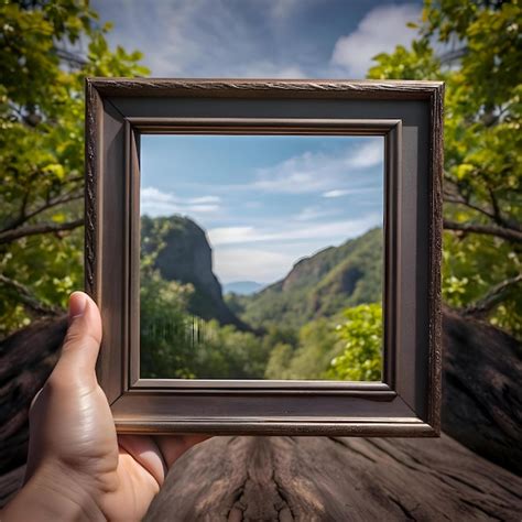 A Hand Holds A Simple Wooden Frame Framing A Breathtaking View Of A
