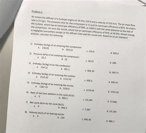Solved Air Enters The Diffuser Of A Turbojet Engine At 26