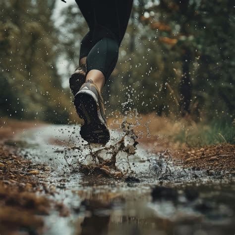 Running Shoe Splashing In A Puddle On A Muddy Trail Premium Ai