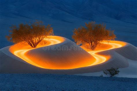 Desert Oasis At Twilight With Illuminated Patterns For Artistic Design