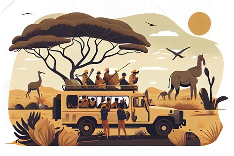 People In Safari Tour Savanna Wild Landscape Vector Illustration