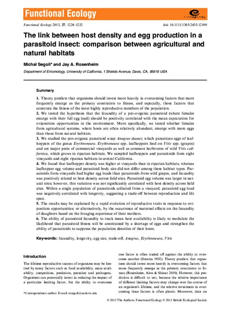 Pdf The Link Between Host Density And Egg Production In A Parasitoid
