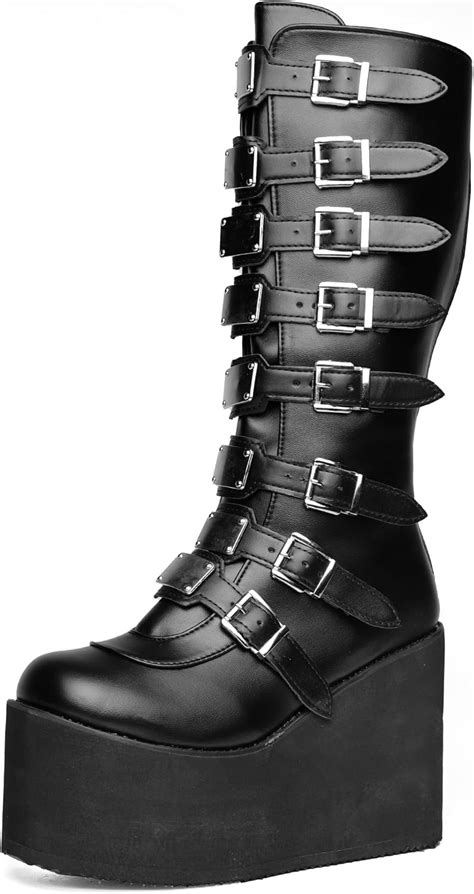Gothniero Women Black Platform Goth Boots Mid Calf With