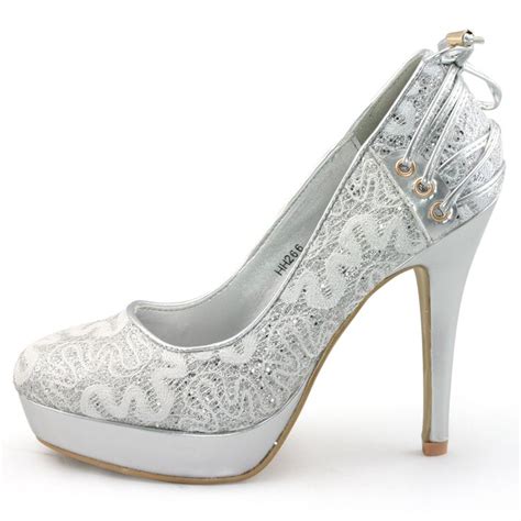 Silver High Heel Shoes Silver Glitter Lace Strappy Proms Platform