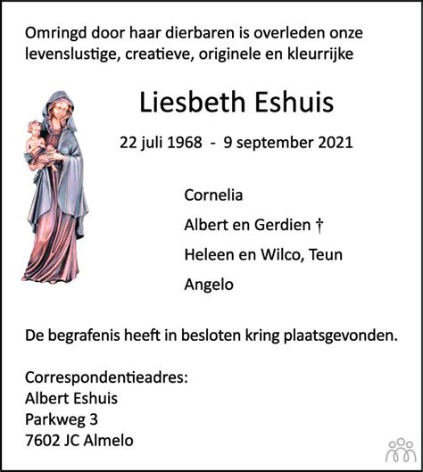 Liesbeth Eshuis 9 September 2021 • Overlijdensbericht En Condoleances