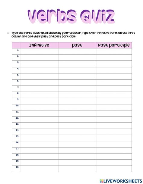 Verbs Quiz 3 Interactive Worksheet Live Worksheets
