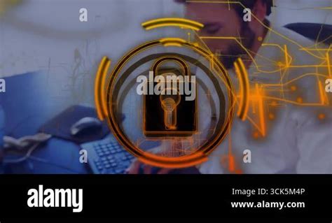 Man Adjusting Headset Typing At Keyboard While Animated Padlock Rings