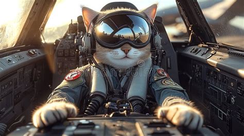 Fighter Pilot Cat In Cockpit Wearing Helmet And Aviator Gear Ai
