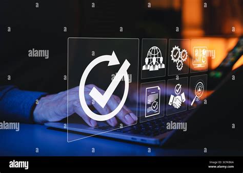 Quality Assurance And Certification Compliance Concept Person Using Laptop With Icons
