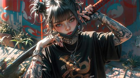 5992a Girl With Tattoo Katana 4k Wallpaper 4k Pc