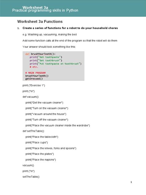 Python Skills Worksheet 3a Functions Pdf