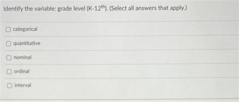 Solved Identify The Variable Grade Level K−12th
