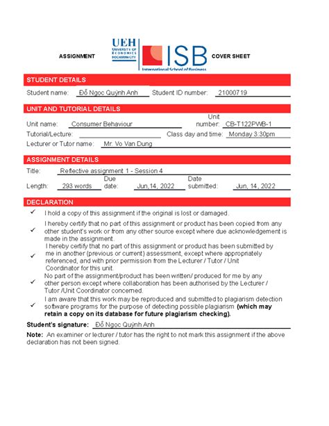 Reflective Assignment 1 Session 4 Assignment Cover Sheet Student
