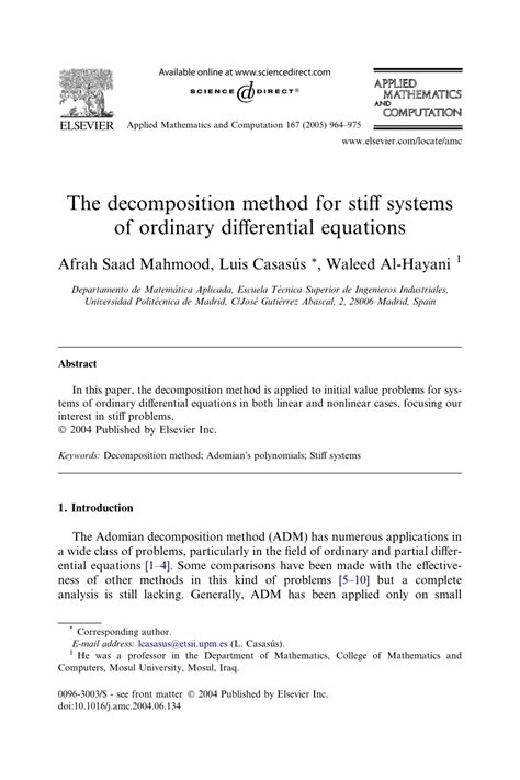 Pdf The Decomposition Method For Stiff Systems Of Ordinary