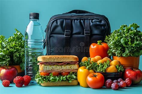 Balanced Meal Sandwich Veggies And Fruits With Water Bottle On A Blue