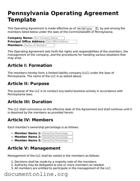 Free Pennsylvania Operating Agreement Forms ≡ Blank Pdf Template
