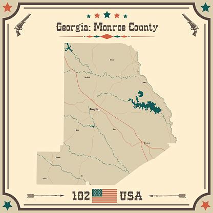 Large And Accurate Map Of Monroe County Georgia Usa With Vintage Colors