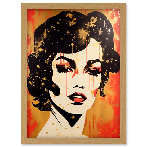 Female Portrait Retro Glam Rock Aesthetic Gold And Red Linocut Teen