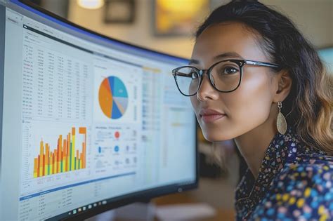 Businesswomen Analyze Computer Screen Data Checking Statistics Graphs And Performance Charts