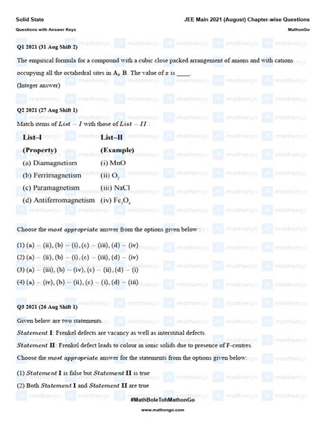 Solid State Jee Main 2021 August Chapter Wise Mathongo Pdf