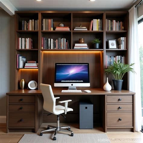 Bookshelf With Desk And Hidden Computer Tower Stable Diffusion Online