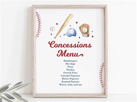 Editable Baseball Birthday Concessions Menu Baseball Party Sign Rookie