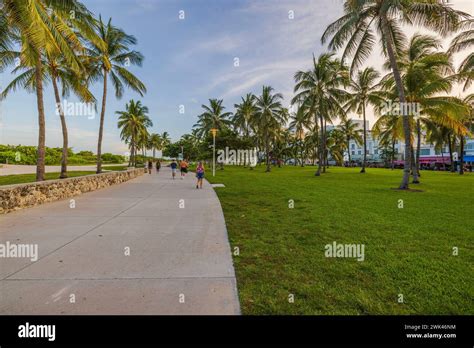 Beautiful View Of Ocean Drive In Miami Beach Park Area With People