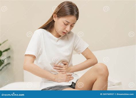 Flatulence Ulcer Asian Young Woman Girl Hands In Belly Stomachache From Food Poisoning