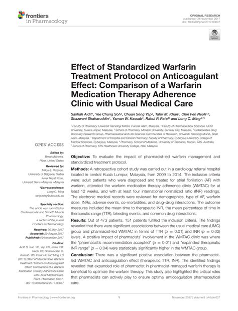 Pdf Effect Of Standardized Warfarin Treatment Protocol On Anticoagulant Effect Comparison Of