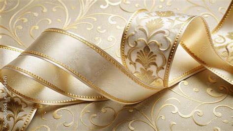 Elegant Curl Of Luxurious Satin Ribbon Adorned With Ornate Golden Borders And Subtle Texture On