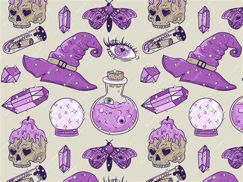 Cute Edgy Witchcraft Seamless Pattern Halloween Witch Elements Seamless Background Premium Ai