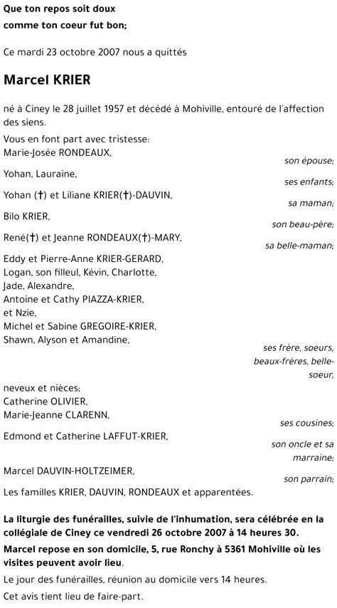 Avis De Décès De Marcel Krier Décédé Le 23102007 à Mohiville Annonce Condoléances Fleurs