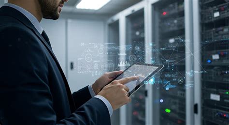 Man Managing Server Room With Tablet And Data Visualization Interface Stock Illustration