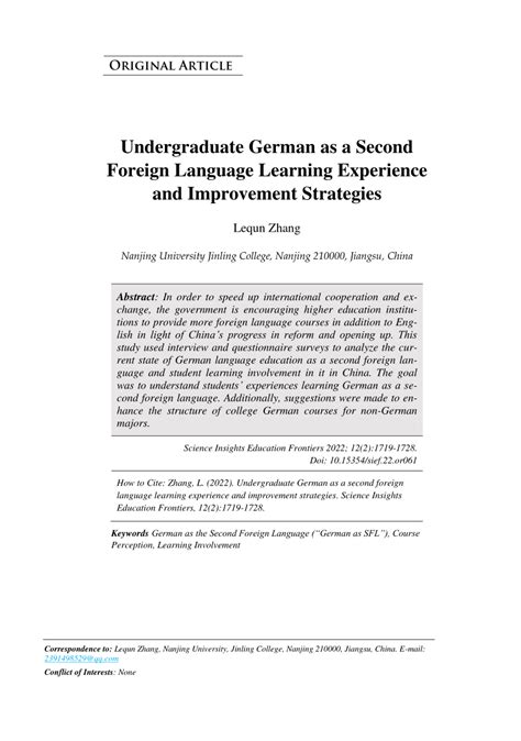 Pdf Undergraduate German As A Second Foreign Language Learning Experience And Improvement